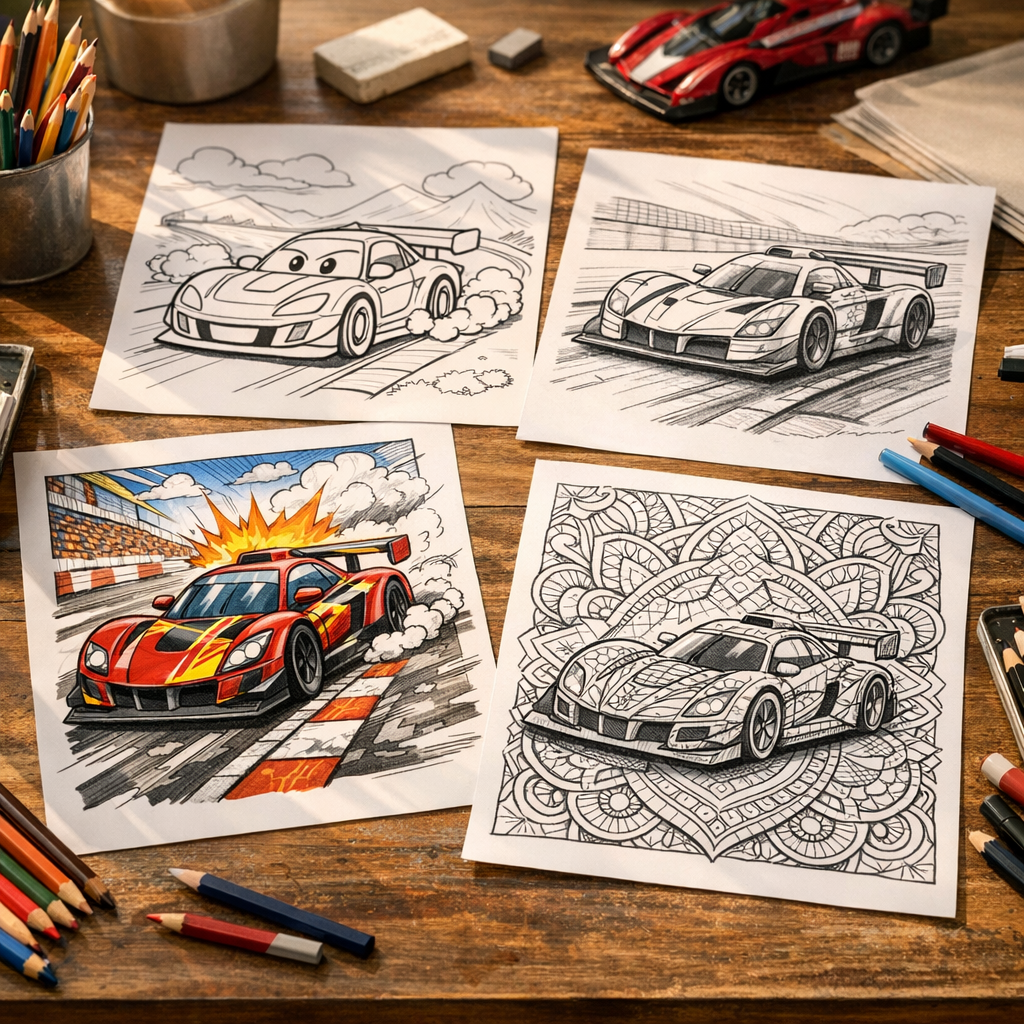 Voiture de course coloriage : idées à imprimer